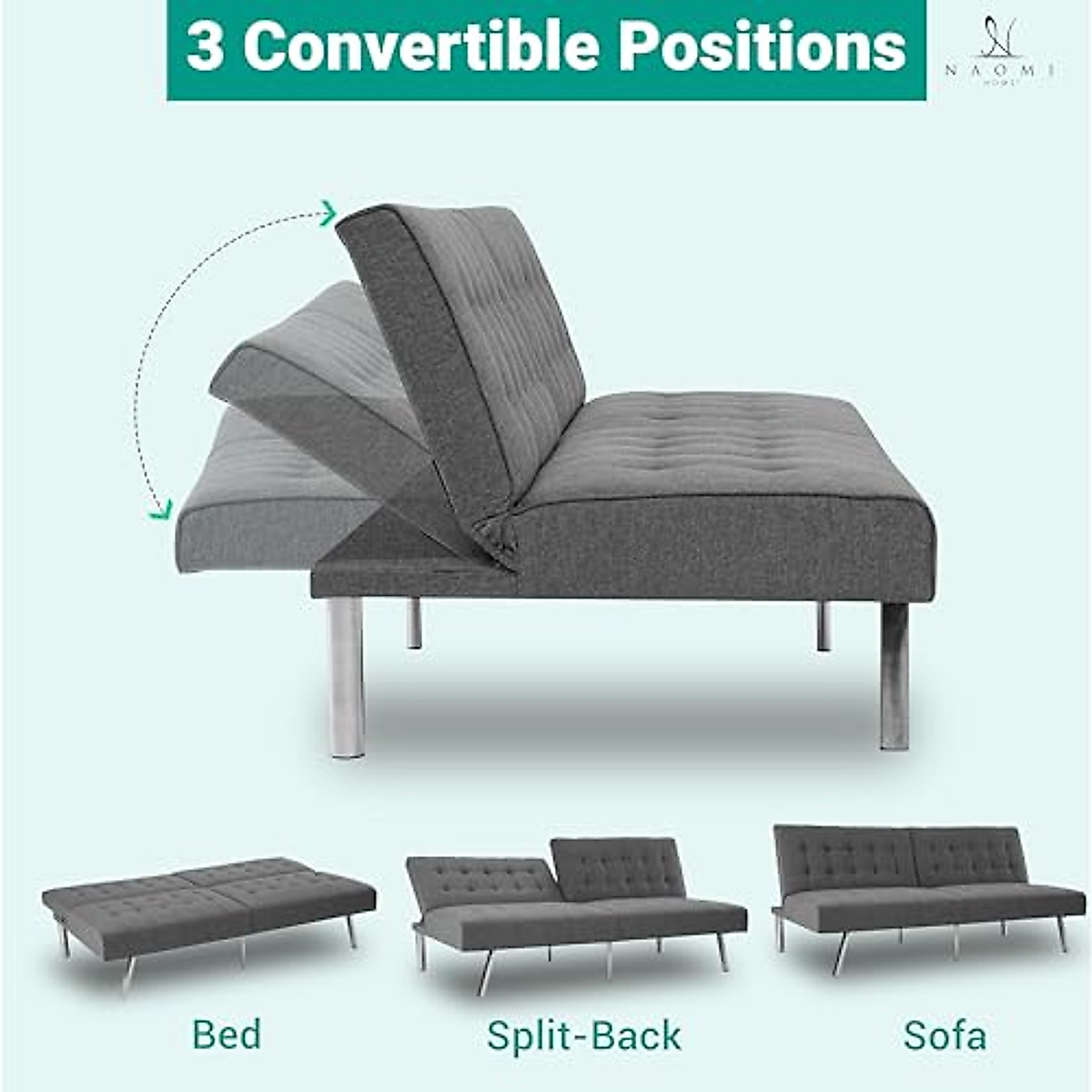 Naomi Home Tufted Split Back Futon Convertible Sofa Bed, Futon Couches for Living Room, Linen Futon Couch Bed with Chrome Legs, Folding, Reclining Small Convertible Sofa Bed, Gray