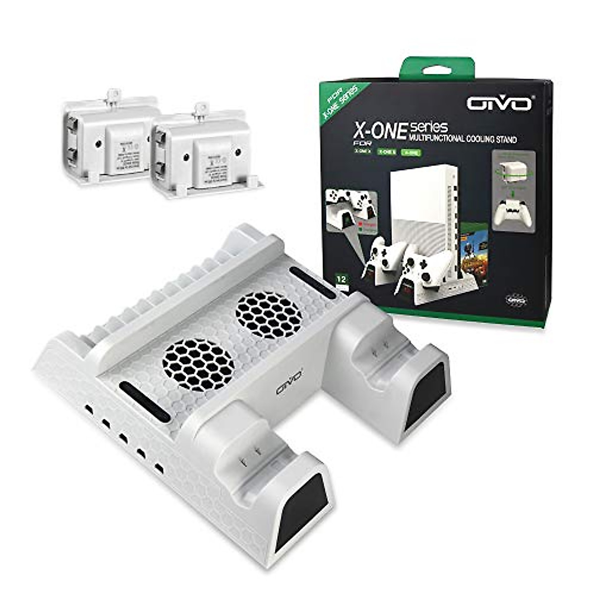 OIVO Vertical Cooling Stand Compatible with Xbox ONE X/Xbox ONE S/Regular Xbox ONE, Cooler Cooling Fan with 2PACK 600mAh Batteries, Games Storage, Dual Controller Charging Dock Station (X0011-White)