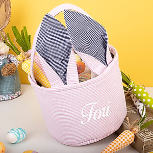 Personalized Easter Basket for Boys Girls, Seersucker Egg Hunt Bunny Baskets for Kids, DIY Bunny Bucket Tote Bags for Easter Decoration Candy Gifts Storage