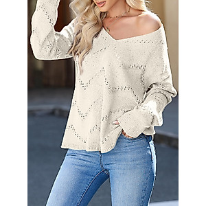 EVALESS Fall Sweaters for Women 2024 Knit Top Long Sleeve White Sweaters Blouses for Women Dressy Casual Sexy Summer Sweaters for Women Lightweight Outfits Clothes Sexy V Neck Crochet Tops, Medium