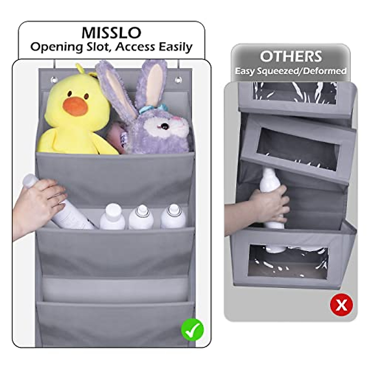 MISSLO Narrow Over the Door Organizer with Deep Pocket - 2 Pack Behind the Door Storage Organizer Rack for Baby Diaper, Shoe, Closet, Bathroom, Bedroom, Pantry, Nursery, Gray