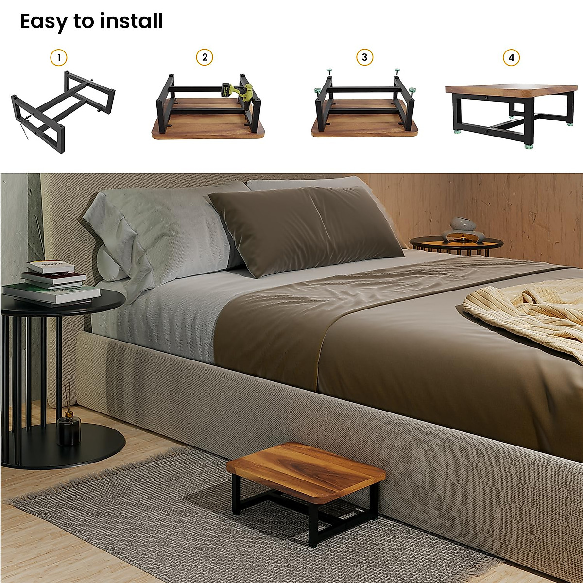 HOLANA 6.5" Acacia Wood One Step Stool for Adults with Non-Slip Rubber Feet - 550 lbs Wooden Step Stools for Bed - Safety Stepping Stool Bathroom Aid for Kid, High Beds, Bedroom, Kitchen (Acacia)