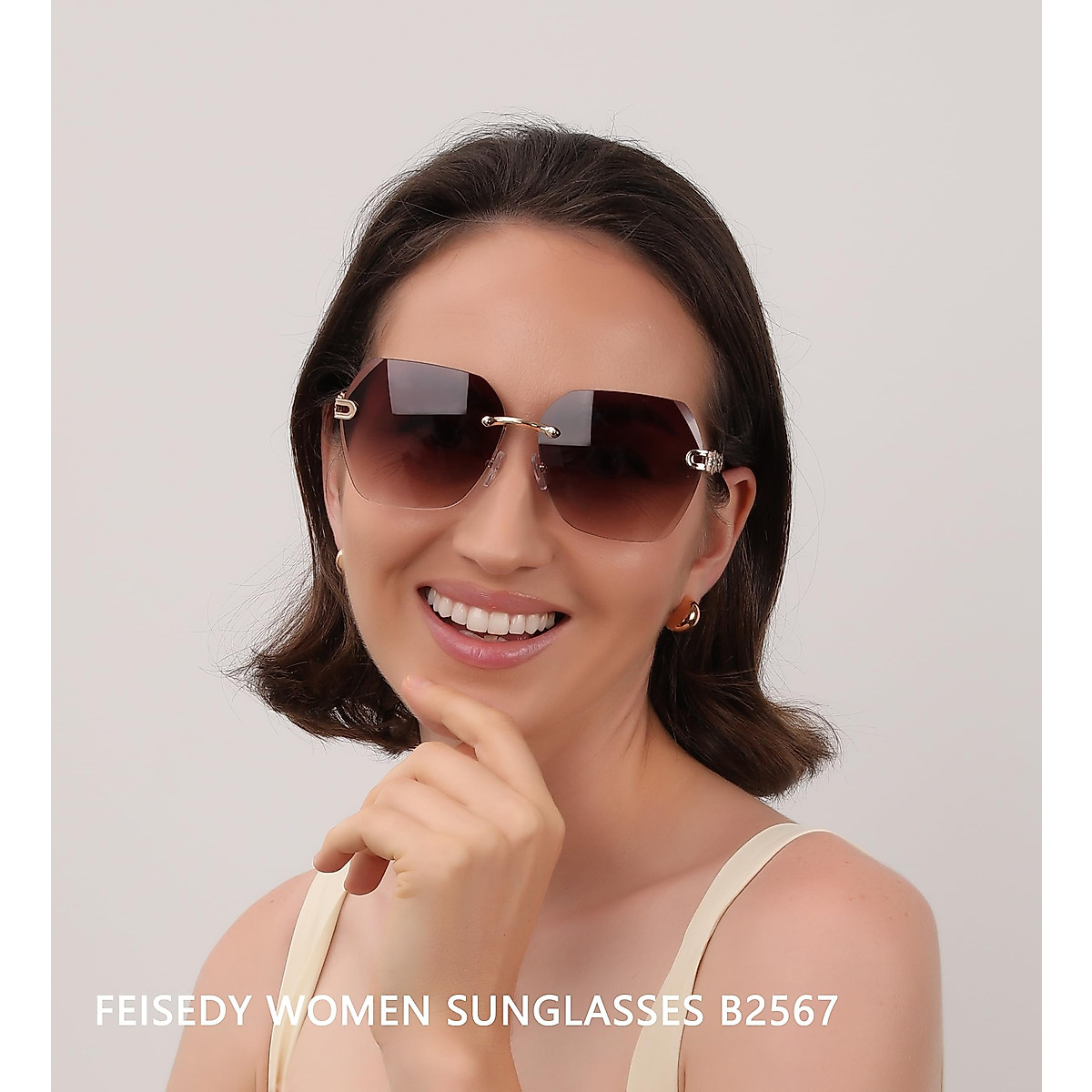 FEISEDY Classic Rimless Sunglasses Women Metal Frame Diamond Cutting Lens Sun Glasses B2567