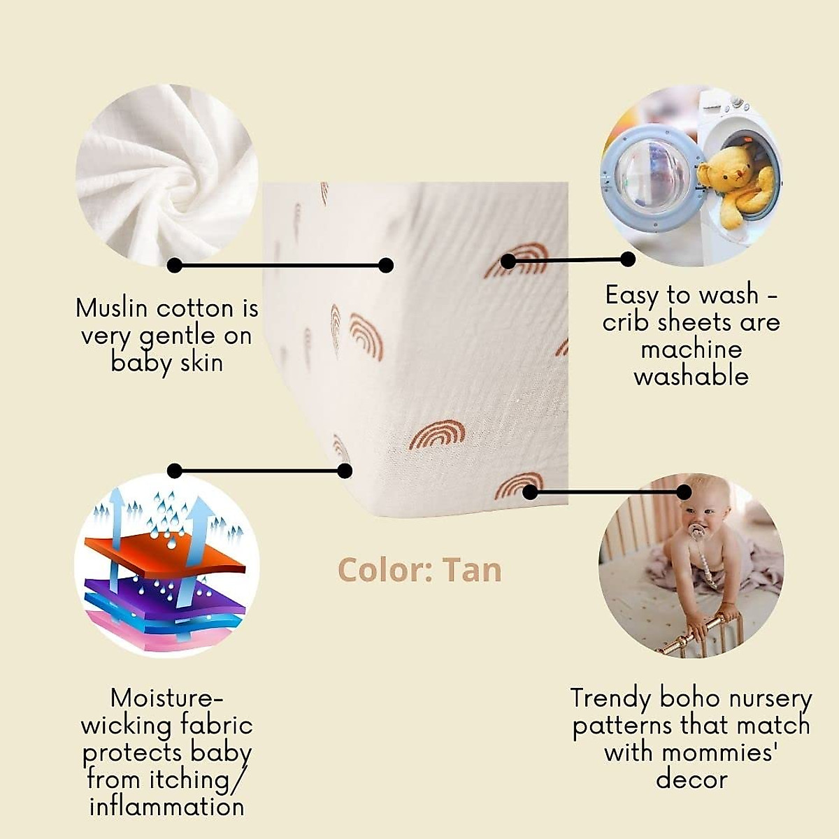 Chippi & Co Little Rainbow Tan Boho Muslin Cotton Fitted Crib Sheet for Baby Standard Size Mattress, boy and Girl Unisex Nursery Bedding 52x28x9''