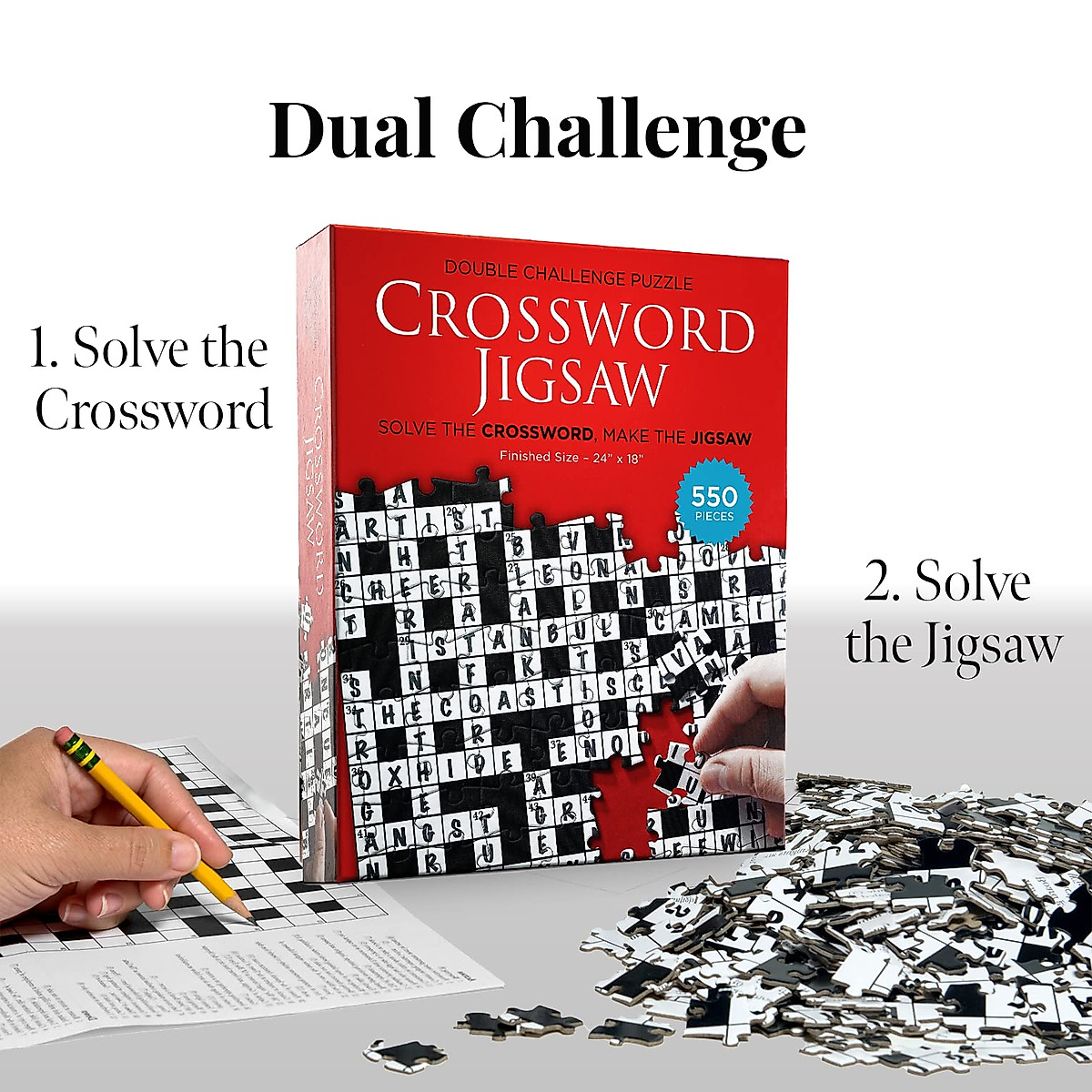 Dual Challenge Crossword Jigsaw Puzzle 1st Edition - 550 Piece Board Game for Adults Families - Educational Interactive Brain Building