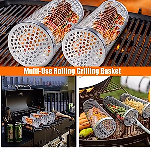 Grill Basket 2 PCS, 360 degree Rolling Grilling Basket, BBQ Grill Baske, Stainless Steel Grill Mesh Barbeque Grill Accessories, Vegetables, Fries (2 Pcs 30x9x9cm)