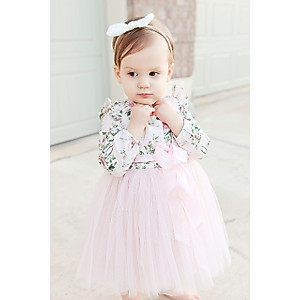 Flofallzique Toddler Tulle Dress Long Sleeves Vintage Floral Little Girls Tea Party Dresses (Peach, 1 Year)