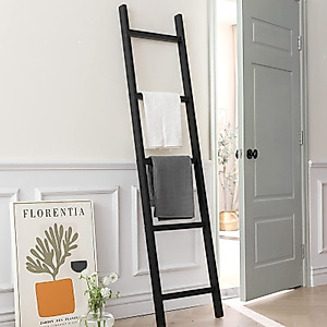 FUIN 6.3 ft (76") Wood Blanket Ladder Living Room Decorative Wall Leaning Farmhouse Quilt Display Holder Rustic Wooden Towel Rack for Bathroom, Black