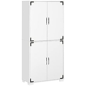 HOMCOM Industrial Kitchen Pantry Cabinet with 4 Doors and Storage Shelves, Freestanding Storage Cabinet, White