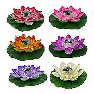 SUFUBAI 6Pack Solar Lamp Lotus, Water Floating Lily Flower Artificial Night for Pool Garden Fish Tank Wedding Decoration, HERAN210311DY0212345HERAN, Mixcolor, 11inch, HERAN#210311DY02-12345#HERAN