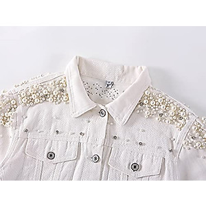 Kedera Women's Embroidered Rivet Pearl Short Denim Jacket Coat (White, Medium)