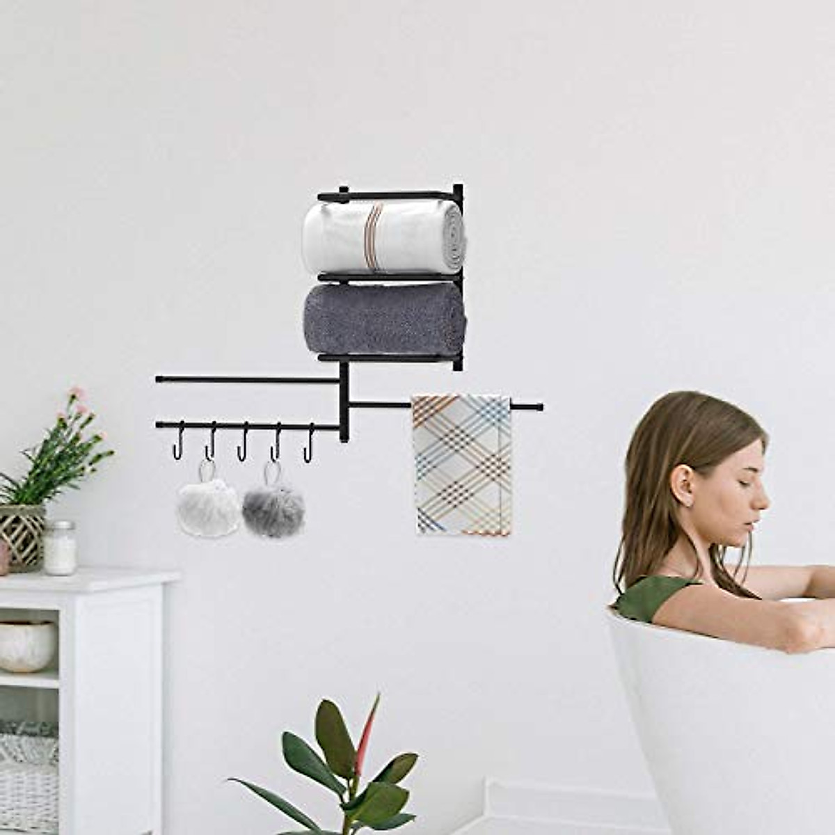Towel Rack Holder&Organizer,Wall Mounted Metal Bathroom Towel Bar with 3 Swivel Arms 5 S-Hooks for Storage of Towels, Washcloths, Hand Towels