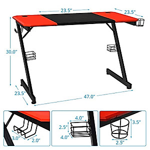 POWERSTONE Gaming Desk - Computer Desk 47" with Cup Holder Audio Stands Headphone Hook and 2 Cable Management Holes Large Gamer Workstation for Kids Adults, Z-Shaped, Red