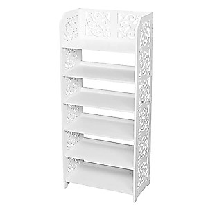 Stylish 6 Tier Wood-Plastic Shoe Rack Organizer with Carved Design - Elegant White Decorative Closet Shoe Storage Rack