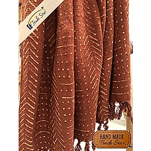 Trade Star Decorative Ethnic Block Print Throw Blanket for Couch 100% Cotton Soft Tassel Blanket Handmade Mudcloth Throw for Home Handloomed Housewarming Gift (Rust, Snow (120 x 170 Cms))