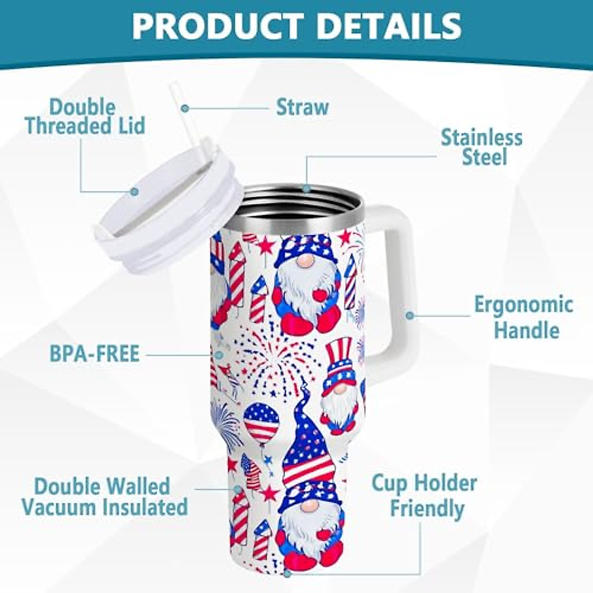 ODAWA Large Cartoon Gnomes Flag Insulated Tumbler Cup with Straw and Handle, 2 in 1 Lid Insulated Double Insulated Tumbler