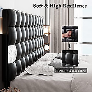 Feonase Queen Bed Frame with Square Stitched Headboard, Faux Leather Upholstered Platform Bed Frame, High-Density Sponge Filled, Solid Wood Slats, No Box Spring Needed, Noise-Free, Black