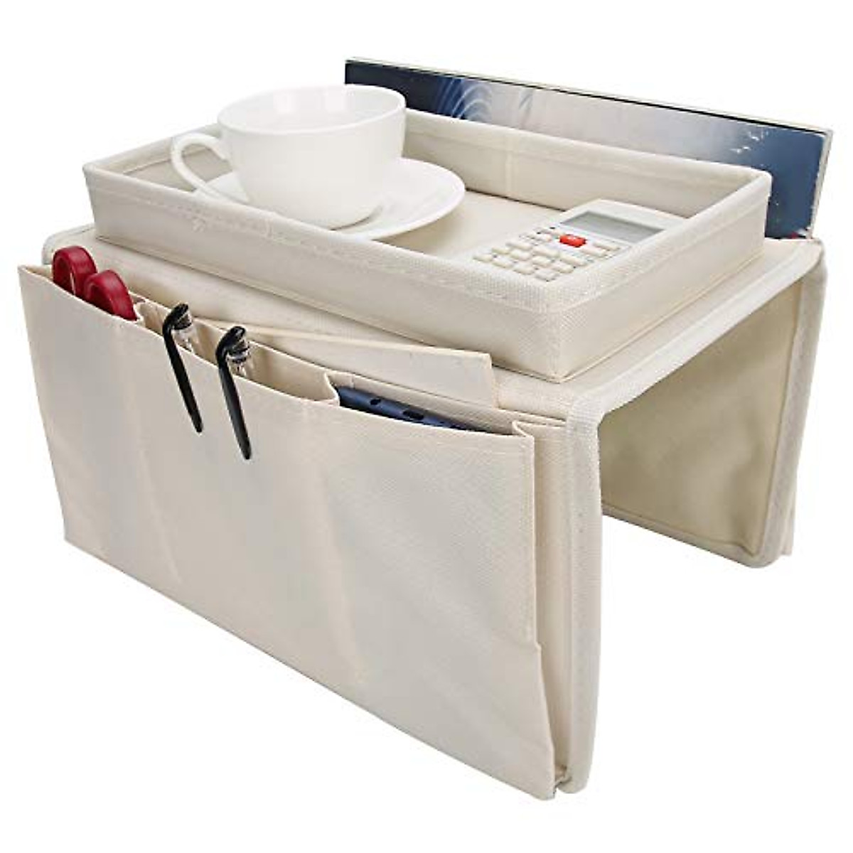 Yuecoom Sofa Storage Bag, 4 Pockets TV Remote Control Organizer Sofa Armrest Armchair Couch Bag with Cup Holder Tray(Beige)
