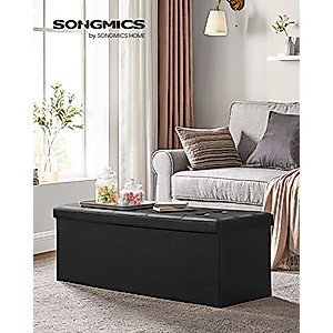 SONGMICS 43 Inches Folding Storage Ottoman Bench, Storage Chest, Footrest, Coffee Table, Padded Seat, Faux Leather, Holds up to 660 lb, Black ULSF701