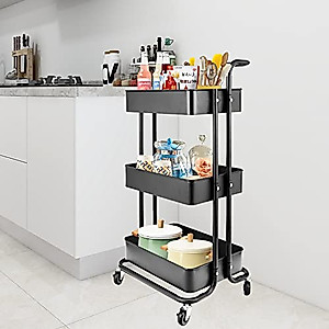 3-Tier Metal Utility Rolling Cart, Heavy Duty Multifunction Cart with Lockable Casters with Holder, Suitable for Office, Bathroom, Kitchen, Garden (Black)