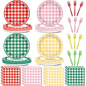 ojustbeok 96 Pcs Camp Gingham Paper Plates and Napkins Gingham Checkered Bachelorette Party Supplies Glamping Birthday Tableware Set Summer Plaid Camping Themed Party Favors Baby Bridal Shower