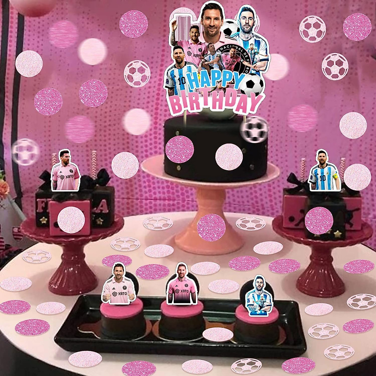 𝓜𝓮𝓼𝓼𝓲 𝓜𝓲𝓪𝓶𝓲 birthday party decoration supplies, 𝓜𝓮𝓼𝓼𝓲 𝓜𝓲𝓪𝓶𝓲 Soccer themed birthday party supplies include cupcake decoration, cake decoration, banners, balloons.