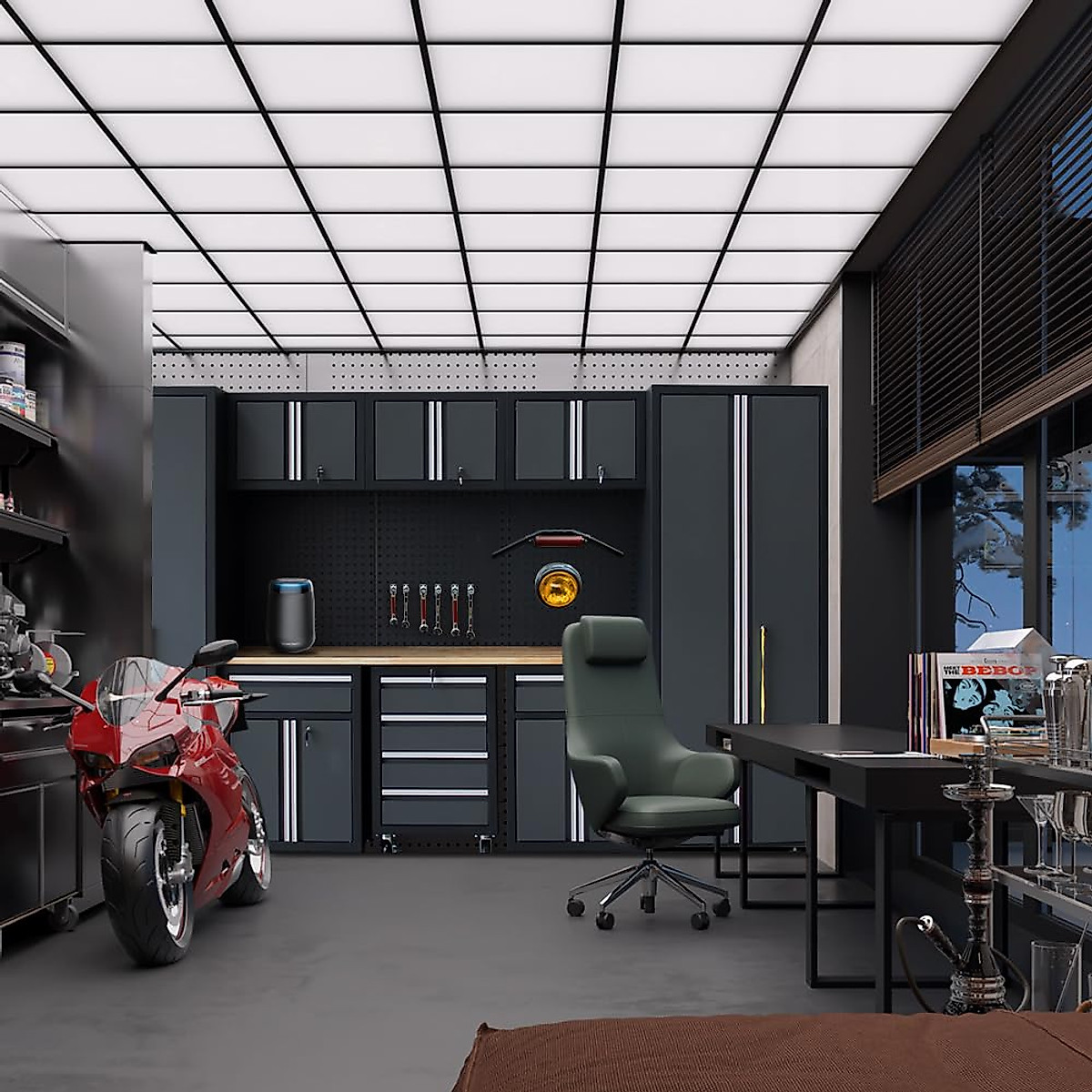 4utoHydra 9-Piece Workshop Cabinet Set w/Pegboard in Grey with Workbench - Perfect for Organizing Tools - Included Steel Cabinets Drawers Shelving Rolling Chest New