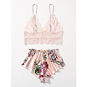 WDIRARA Women's Pajamas Set Lace Satin Lingerie with Cami Floral Shorts Sleepwear Pink M
