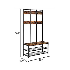 VASAGLE Large Coat Rack Stand, Coat Tree with 12 Hooks and Shoe Bench in Industrial Design, Hall Tree, Multifunctional Hallway Shelf, Office, Bedroom, Rustic Brown and Black UHSR86BX