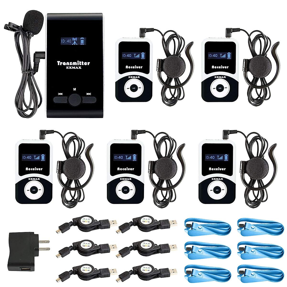 EXMAX® ATG-100T 195MHZ Wireless Tour Guide System Translator Headset Device Channel 99 Social Distancing Assisted Listening System for Churches Church Translation Meet (1 Transmitter 5 Receivers)