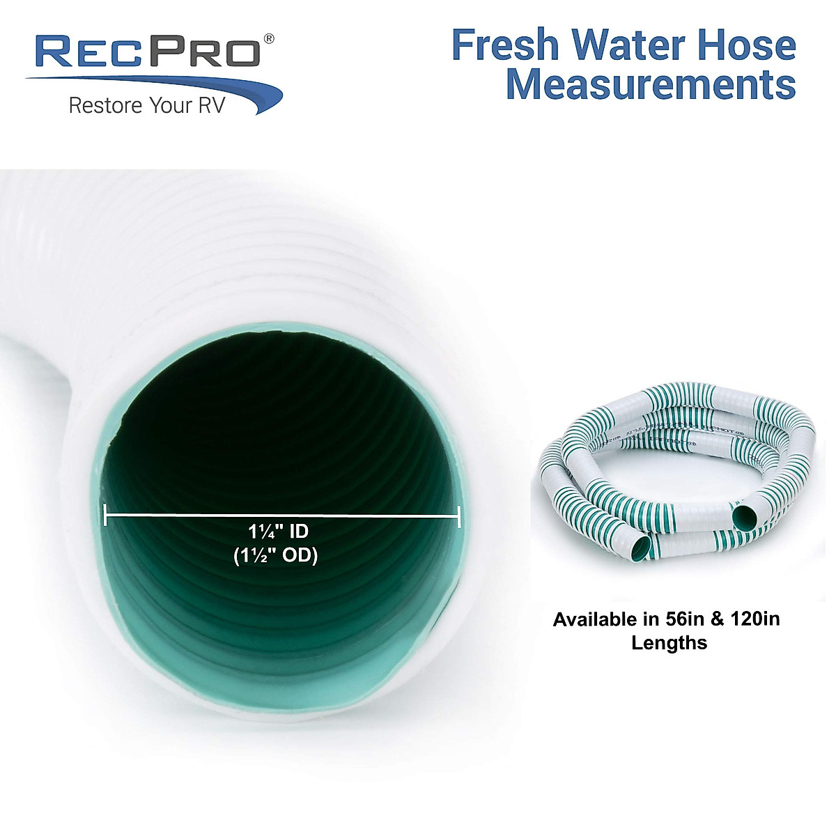 RecPro RV Fresh Water Fill Hose 1 1/4" | Freshwater Line | Fresh Water Hose | Ribbed with Flat Smooth Sections | Concession Water Tank Parts (10 Feet, With Hose Clamps)