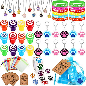 85 Pieces Dog Paw Party Favors Set Dog Paw Print Party Supplies with Paw Print Silicone Bracelet Stamper Sticker Keychain Pendant Chain Organza Bag and Thank You Tag for Girl Kid Boy Party Birthday