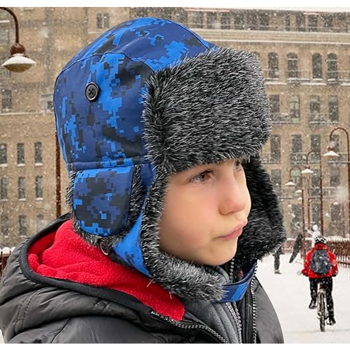 N'Ice Caps Kids Winter Trapper Hat Warm Large Ear Flaps (Black 1, 10-12 Years)