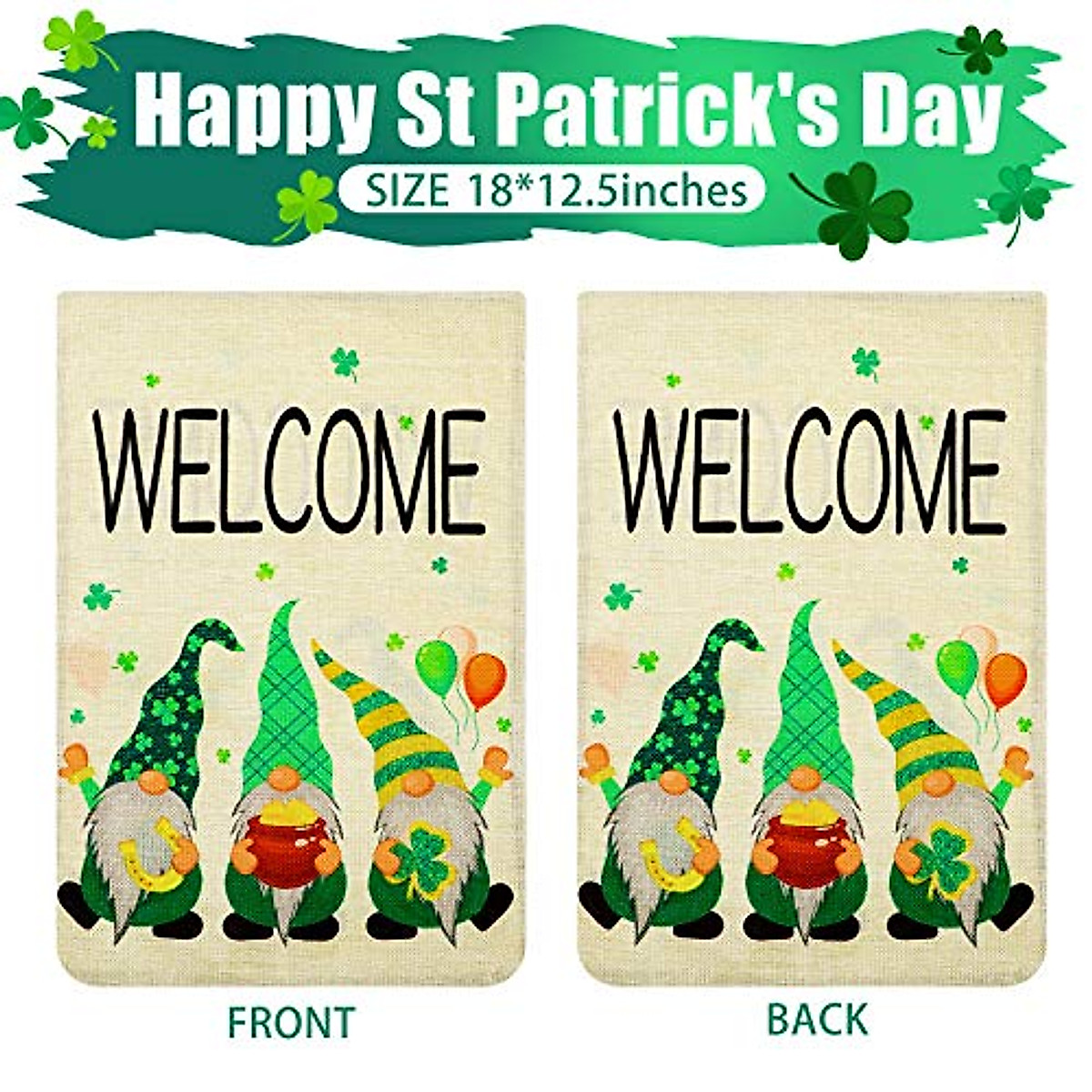 Boao St Patrick's Day Garden Flag Welcome Gnome Garden Flag Double Sided Shamrock Yard Flag Holiday Decorative Garden Flag for St Patrick's Day Indoor Outdoor Decoration, 12.5 x 18 Inches