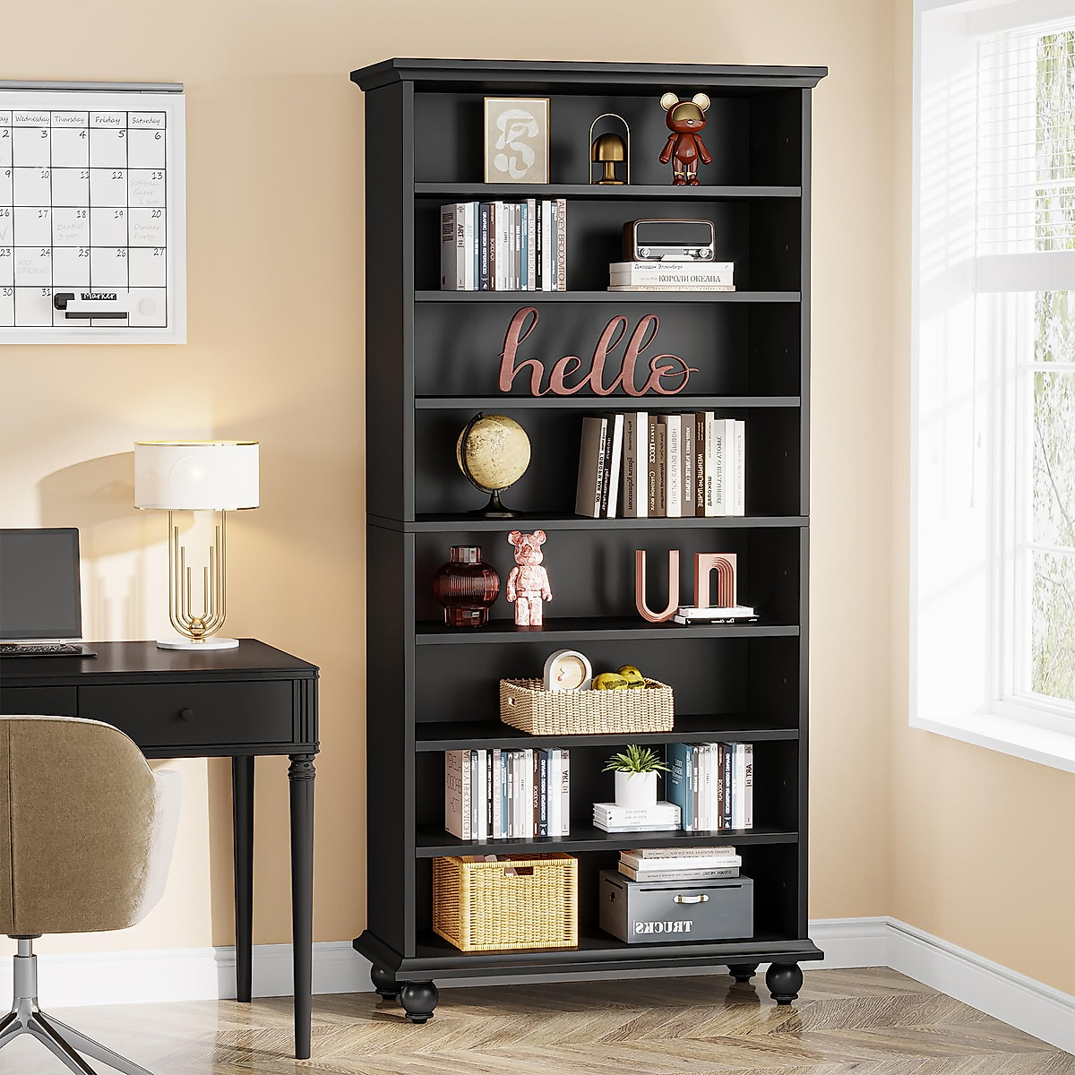 Tribesigns 69-Inch Tall Bookcase with LED Lighting, Modern 9-Tier Freestanding Bookshelf with Solid Wood Legs, Wooden Open Display Shelf Organizer for Living Room, Home Office (1, Black)