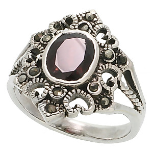 Sterling Silver Marcasite Hexagon-shaped Ring, w/Oval Cut Natural Garnet, 3/4 inch (21 mm) wide, size 9