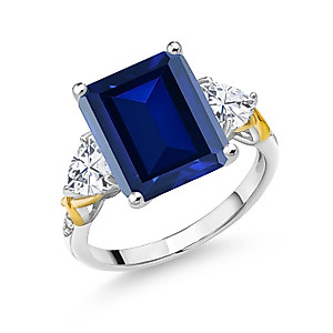 925 Silver and 10K Yellow Gold Blue Simulated Sapphire Moissanite and Diamond 3 Stone Ring For Women (7.66 Cttw, Gemstone Birthstone, Emerald Cut 12X10MM, Available In Size 5, 6, 7, 8, 9)