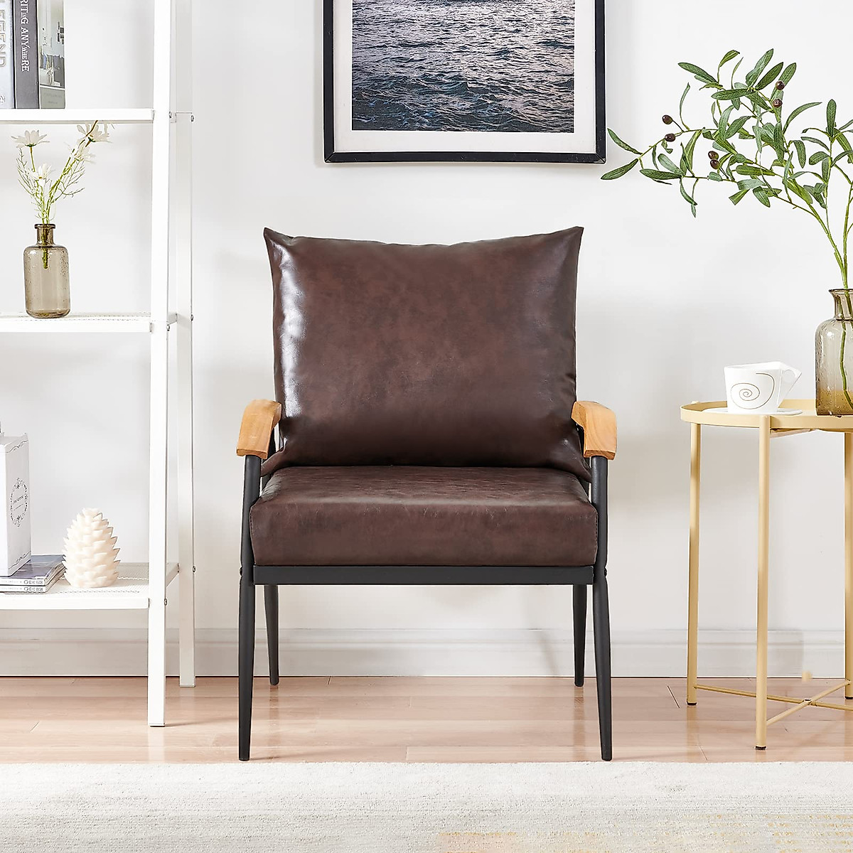 CLIPOP Mid Century Modern Accent Chair, Single Sofa with Removable Backrest and Cushion, Upholstered Faux Leather Armchair with Solid Wood Armrest Metal Frame Easy-Assembly, 24" W, Dark Brwon