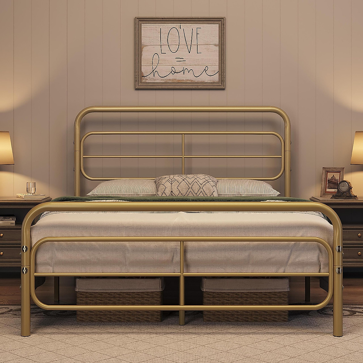 Yaheetech Queen Bed Frame Metal Platform Bed with Geometric Patterned Headboard, Mattress Foundation with Under Bed Storage/Sturdy Slat Support, No Box Spring Needed, Antique Gold