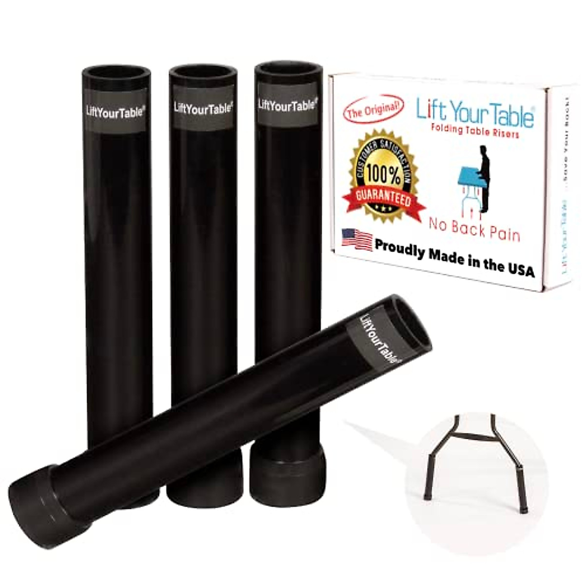 Lift Your Table® Folding Table Risers, Made In The USA, Easy-To-Use Bent Leg Folding Table Extensions, Counter Height (Original Foot), Raises Folding Tables 8” Inches. Durable, Sturdy. Set of 4, Black