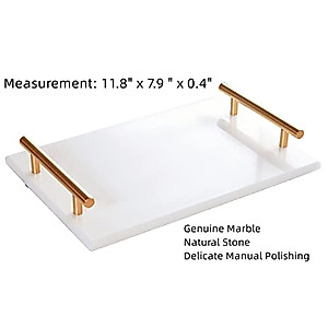 Moreast Genuine Marble Tray Bathroom Tray with Golden Handle, Natural Stone Decorative Tray with Metal Handle for Bathroom Kitchen Vanity Dresser Nightstand Desk, 11.8" x 7.9" White