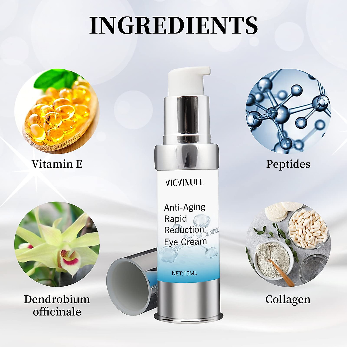 Anti-Aging Under-Eye Cream, Under Eye Bag Cream, Instantly Reduces Dark Circles and Puffiness by VICVINUEL, Peptides & Vitamin E for All Skin Types (0.5 FL OZ).