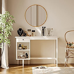 White Desk with Drawers & Shelves,43-inch Small Desk for Bedroom White Vanity Desk with Storage Drawer,Modern Home Office Computer Desk