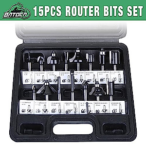 BATOCA 1/4“ Shank Router Bits Set of 15 Pcs, Tungsten Carbide Router Bits Set for Woodworking Project, Solid Woods, Hard Woods, Chipboard, MDF, DIY, and Carpenter
