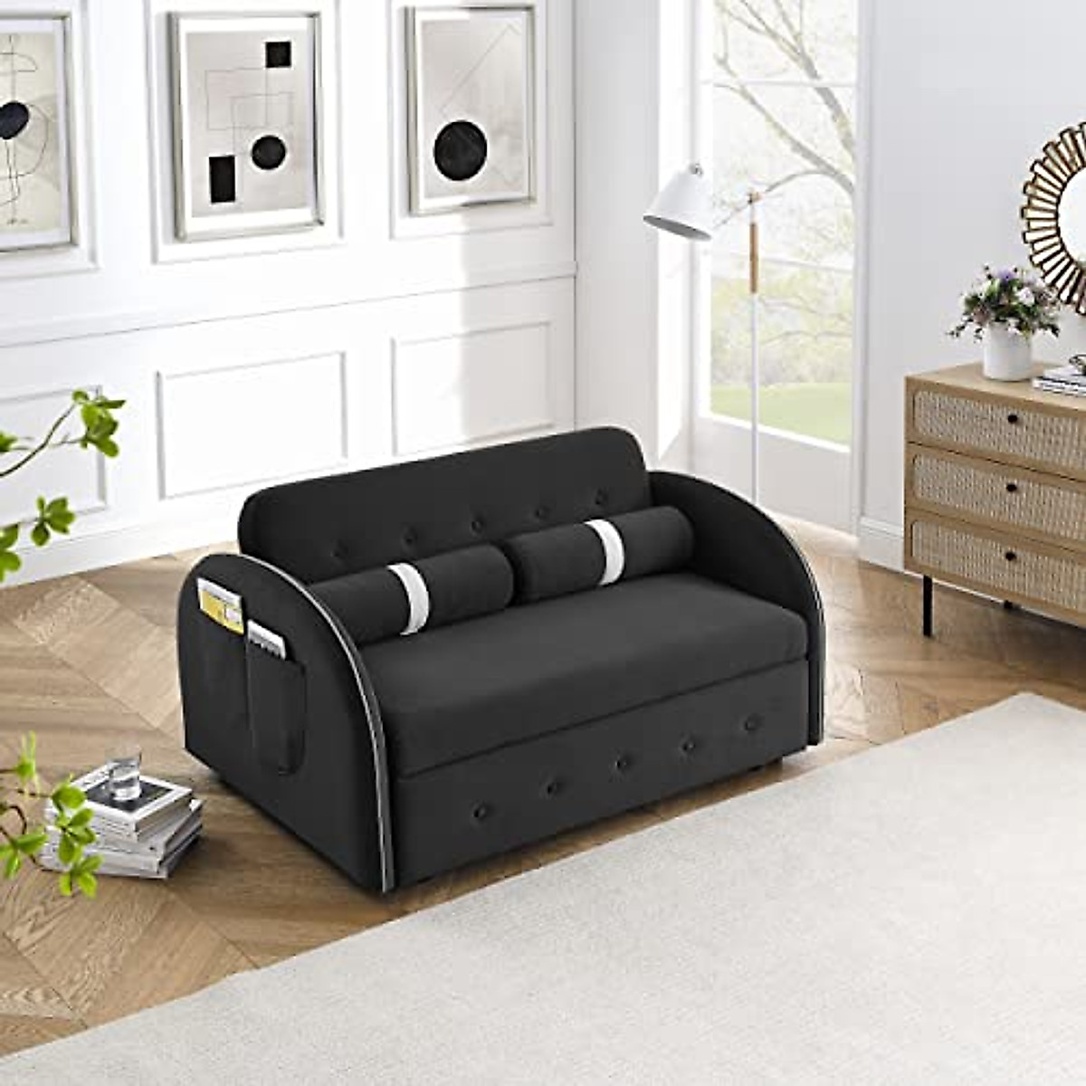 Caroun 55.5" Pull Out Sofa Bed 2 Seater Loveseats Sleeper Sofa with Side Pockets Adjsutable Backrest and Lumbar Pillows for Apartment Office Living Room (Black 2)