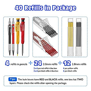 Enhon Mechanical Carpenter Pencils Kit with 40 Refills, 4 PCS Colorful Deep Hole Woodworking Pencils with Built-in Sharpener, Carpentry Marking Scribe Tools for Architect Construction
