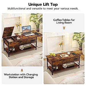 HOOBRO Lift Top Coffee Table, Coffee Table with Charging Station, Coffee Table with Lift Top and Power Outlet, Center Table for Living Room, Office, Reception Room, Rustic Brown and Black BF05UKF01