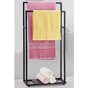 Standing Towel Racks for Bathroom, 39'' Tall 2 Tier Bathroom Towel Rack Stand with Storage Shelves, Modern Standing Pool Towel Drying Rack for Outdoor, Black Blanket Holder, ALHAKIN