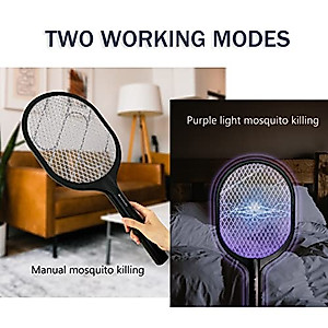 LONGCHIN Bug Zapper Racket USB Rechargeable Electric Fly Swatter with Blue Light Attractant for Home & Outdoor, 3000 Volt, Large Size (Black)