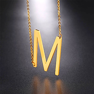 U7 Sideways Large Initial Necklaces 18K Gold Plated Big Letter Script Name Necklaces Statement Alphabet Pendant M Necklace for Women Gift